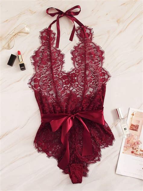 Floral Lace Halter Teddy Bodysuit Romwe Lingerie Plus Lace Lingerie