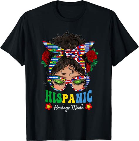 Women National Hispanic Heritage Month Hippie Messy Bun T Shirt Black