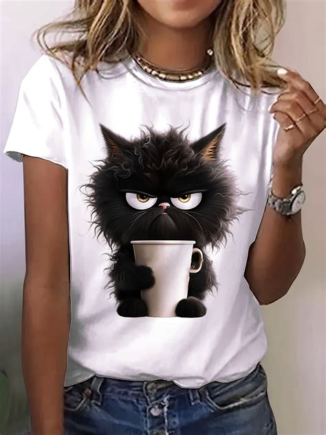 Cat Print T Shirt Casual Short Sleeve Crew Neck Top Spring Temu