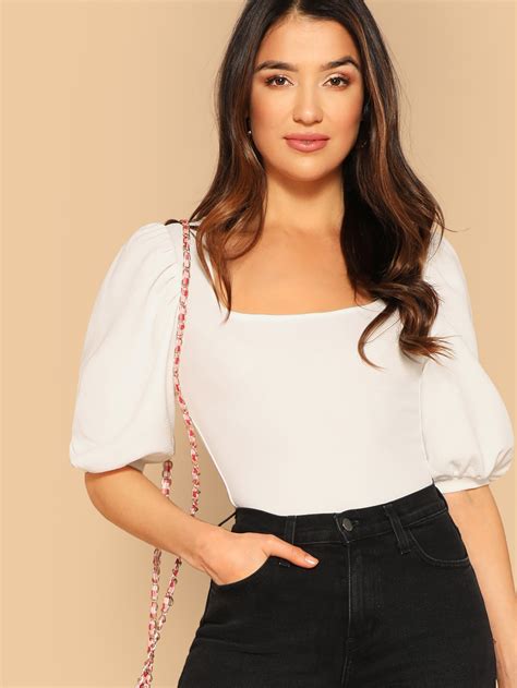 Puff Sleeve Square Neck Fitted Top Shein In