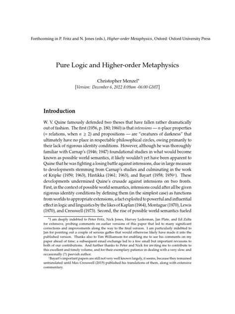 Menzel Pure Logic And Higher Order Metaphysics Pdf Logic First