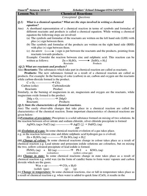 Class 10th Chemistry Chapter 1 Chemical Equations Pdf Pdf