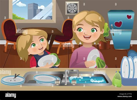 A Vector Illustration Of Mother And Her Daughter Washing Dishes In The