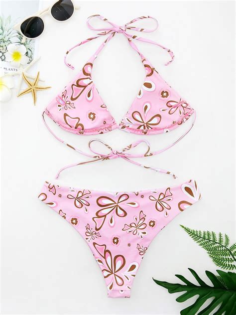 2023 Floral Print Halter Bikini Set Pink L In Bikini Sets Online Store