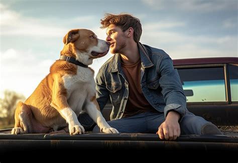 Portrait Dun Homme Souriant Avec Son Chien Dans Le Parc Naturel