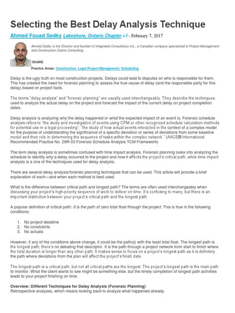 Selecting The Best Delay Analysis Technique Pdf Project Management