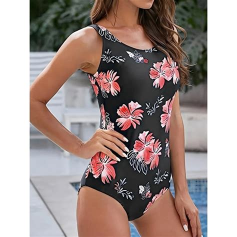 One Piece Womens Floral Print Cross Back Swimsuit With Tummy Control