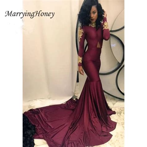 2017 Arabic Long Sleeve Mermaid Evening Dresses Burgundy High Neck Gold