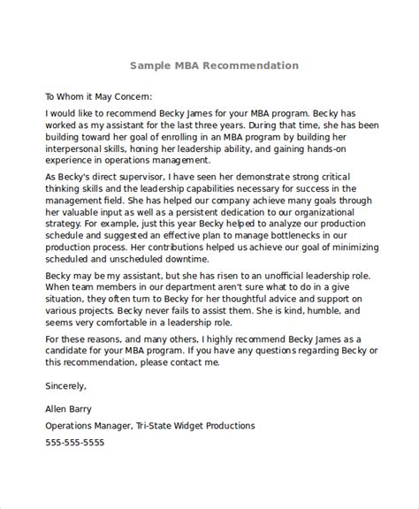 Free 10 Sample Mba Recommendation Letter Templates In Pdf Ms Word