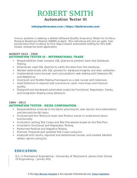 automation tester resume samples qwikresume