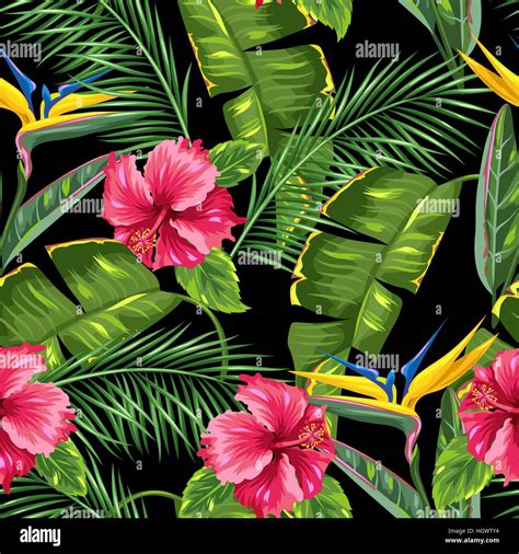 Seamless Pattern With Tropical Leaves And Flowers Palms Branches Bird