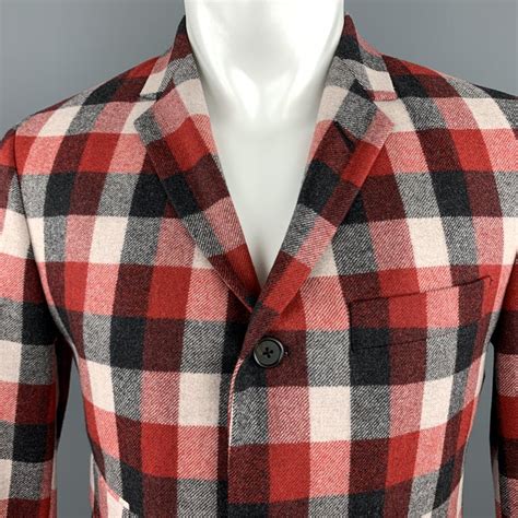 Black Fleece Size 38 Notch Lapel Red Checkered Plaid Wool Sport Coat At