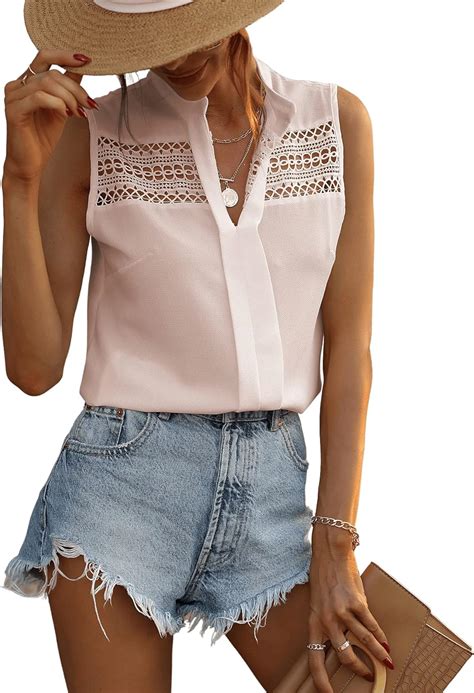 Shein Damen Elegant Bluse Mit Spitzen Oberteile Ohne Ärmel Tunika Cut