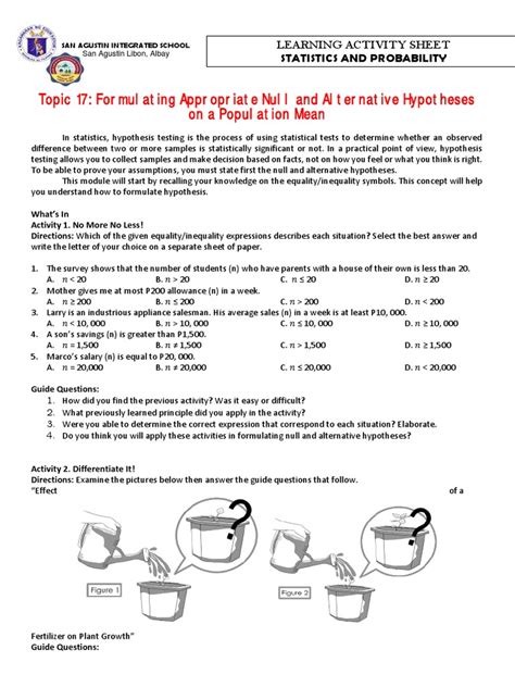 Topic 17 Formulating Appropriate Null And Alternative Hypotheses On A