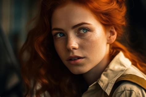 Premium Ai Image A Woman With Red Hair And Blue Eyes Looks Into The