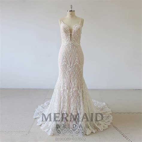 New Lace Spaghetti Heavy Beaded Mermaid Wedding Dress 2019 Wedding
