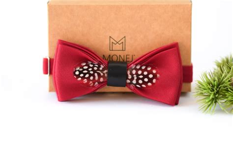 Men Bow Tie With Feather Solid Red Bow Tie For Groom Groomsmen Ready