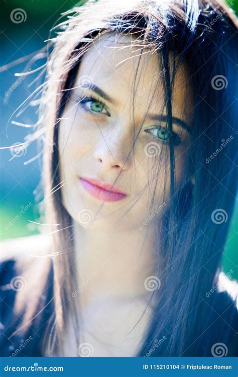 Beautiful Girl With Green Eyes In City Park Woman Beauty Face Portrait