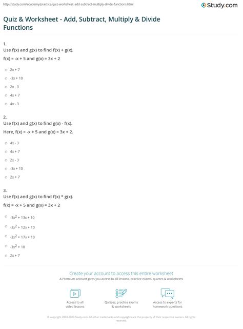 quiz and worksheet add subtract multiply and divide functions