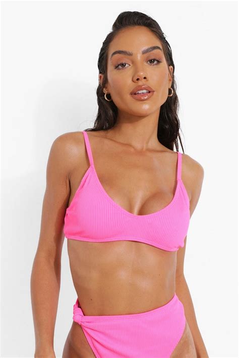 Ribbed Scoop Plunge Triangle Bikini Top Boohoo Uk