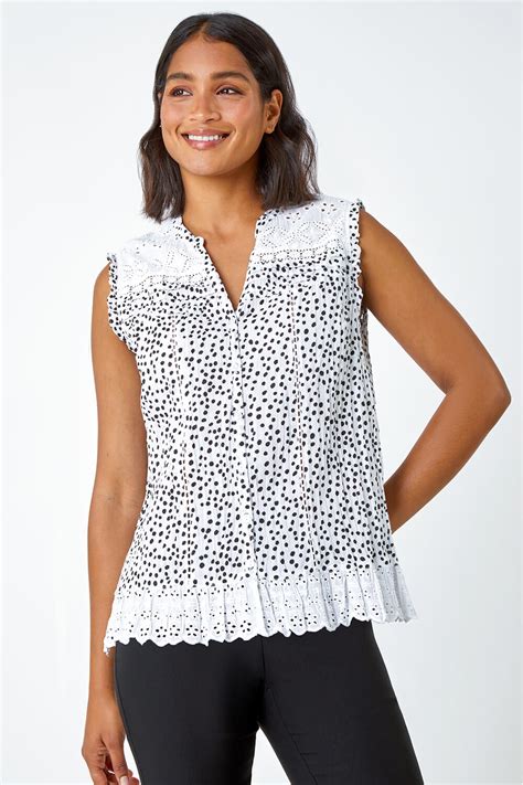 Black Cotton Spot Print Broderie Crinkle Blouse Roman Uk