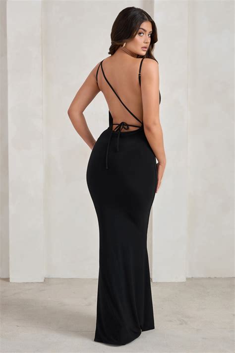 Corinne Black Asymmetric Cowl Neck Backless Maxi Dress Club L London Uk