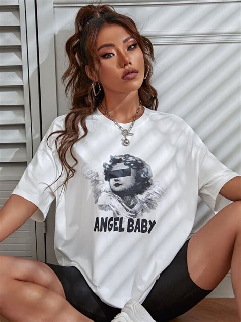 Letter And Figure Graphic Drop Shoulder Tee Shein Uk