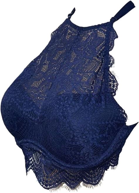 Victorias Secret Pink Eyelash Lace High Neck Bralette Push Up Bra Blue