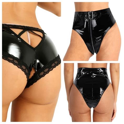 Us Latex Women Patent Leather Open Crotch Briefs Panty Thong Underwear