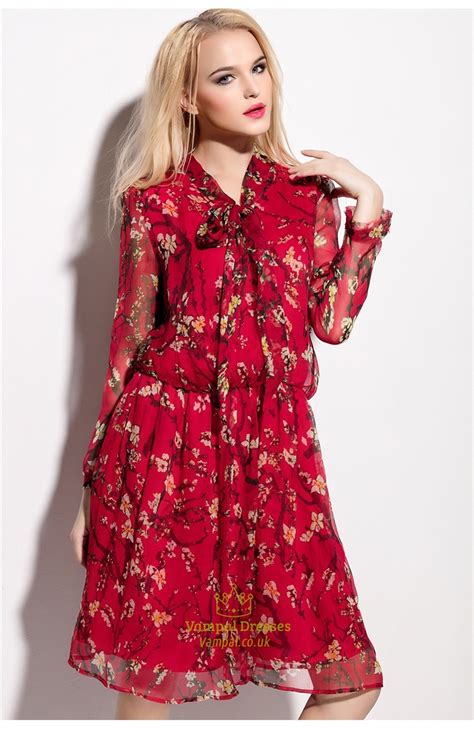 Red Floral Print Chiffon Overlay Knee Length Dress Vampal Dresses