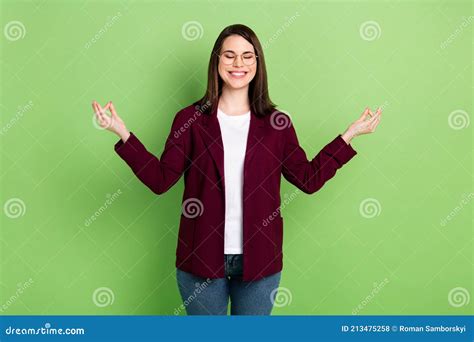 Photo Of Optimistic Brown Hairdo Lady Closed Eyes Wear Spectacles Red