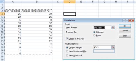 using the correlation tool from the excel 2007 and excel 2010 analysis