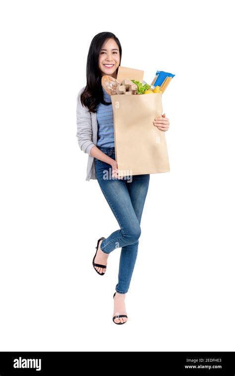 Beautiful Smiling Asian Woman Holding Paper Shopping Bag Full Of