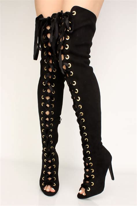 Black Peep Toe Lace Up Thigh High Heel Boots In 2020 Thigh High