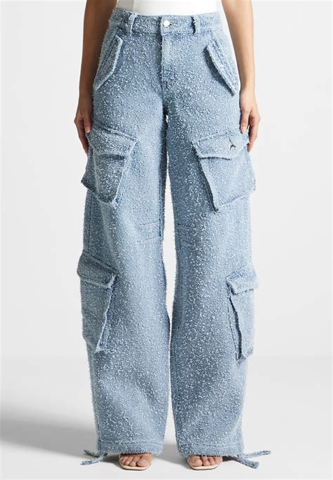 High Waisted Boucle Denim Cargo Pants Blue Manière De Voir