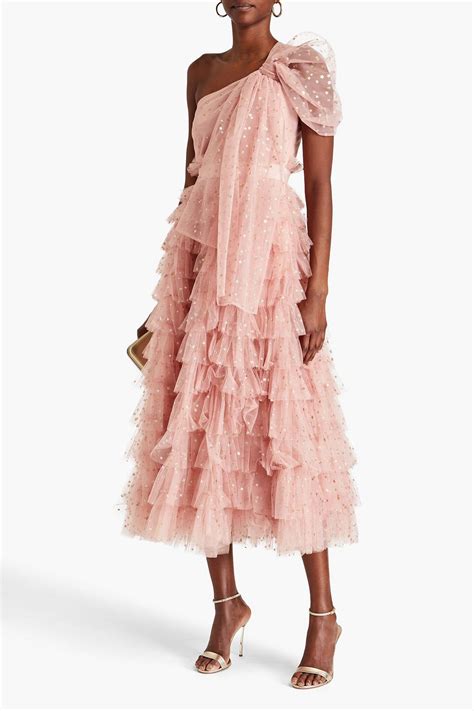 Redvalentino One Shoulder Bow Embellished Ruffled Glittered Tulle Midi