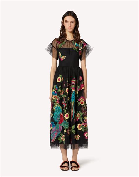Redvalentino Point Desprit Tulle Dress With Bird Of Paradise In The