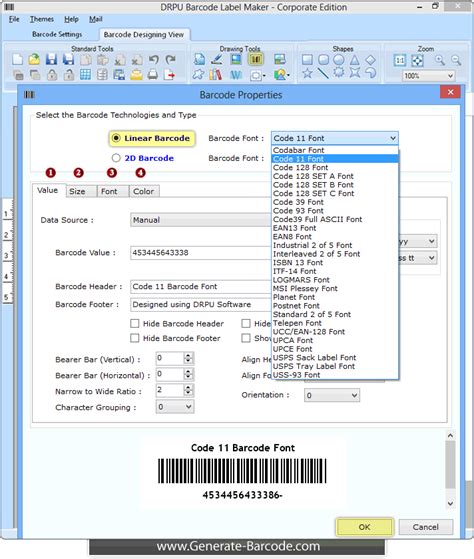 code 11 barcode font generated by barcodes software generate