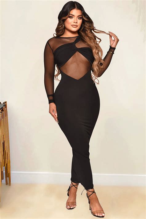 Long Sleeve Mesh Patchwork See Through Bodycon Maxi Dress