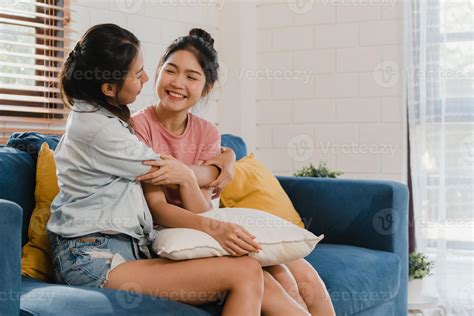 Young Lesbian Lgbtq Asian Women Couple Hug And Kiss At Home Attractive