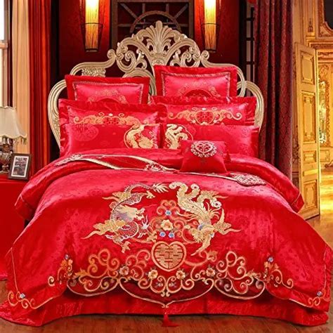 Queen Size Chinese Traditional Red Sheet Asian Bedding With Dragon And