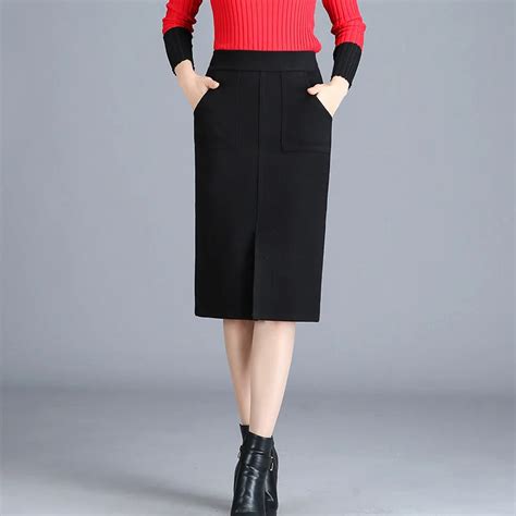 Autumn Winter Women Plus Size High Waist Woolen Skirts Slim Office Long