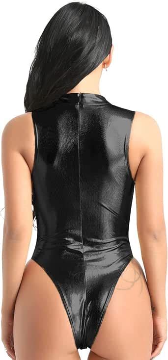 Freebily Sexy Womens Faux Leather Leotard Turtleneck High