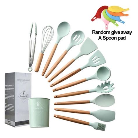 12 Pieces Silicone Natural Acacia Wooden Cooking Utensils Set