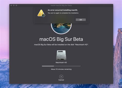 an error occurred installing macos at 10 mins remaining macos
