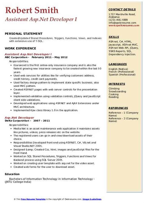 asp developer resume samples qwikresume