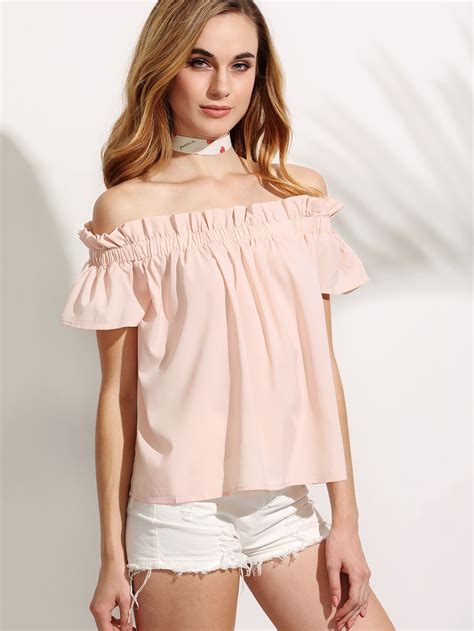 Pink Off The Shoulder Ruffle Blouse Shein Sheinside Feminino