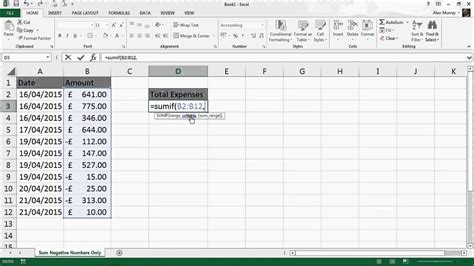 sum negative numbers only in excel youtube