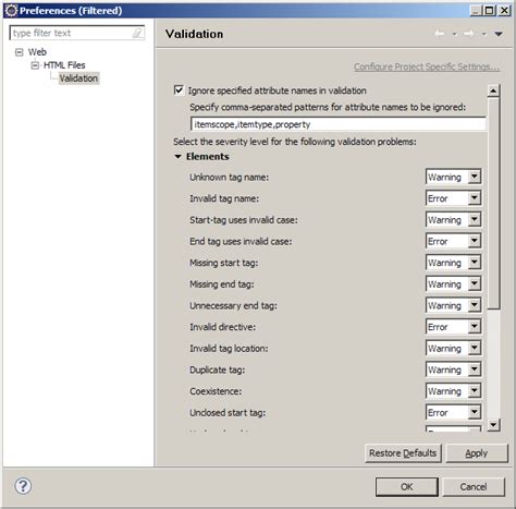 html warnings of valid html5 attributes in eclipse