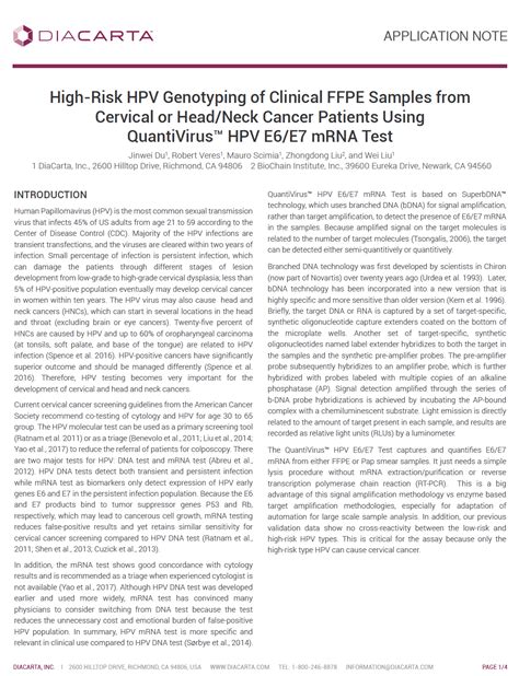 Quantivirus™ Hpv E6 E7 Mrna Test For Cervical Cancer Diacarta Inc